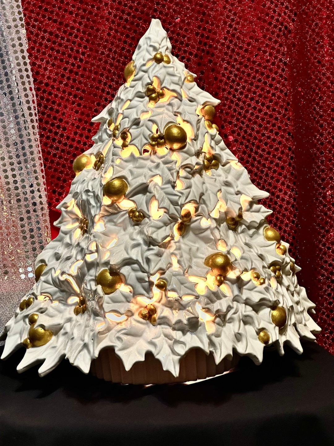 Glazed Ceramic Holly Christmas Tree With Metallic Gold Bulbs and ...