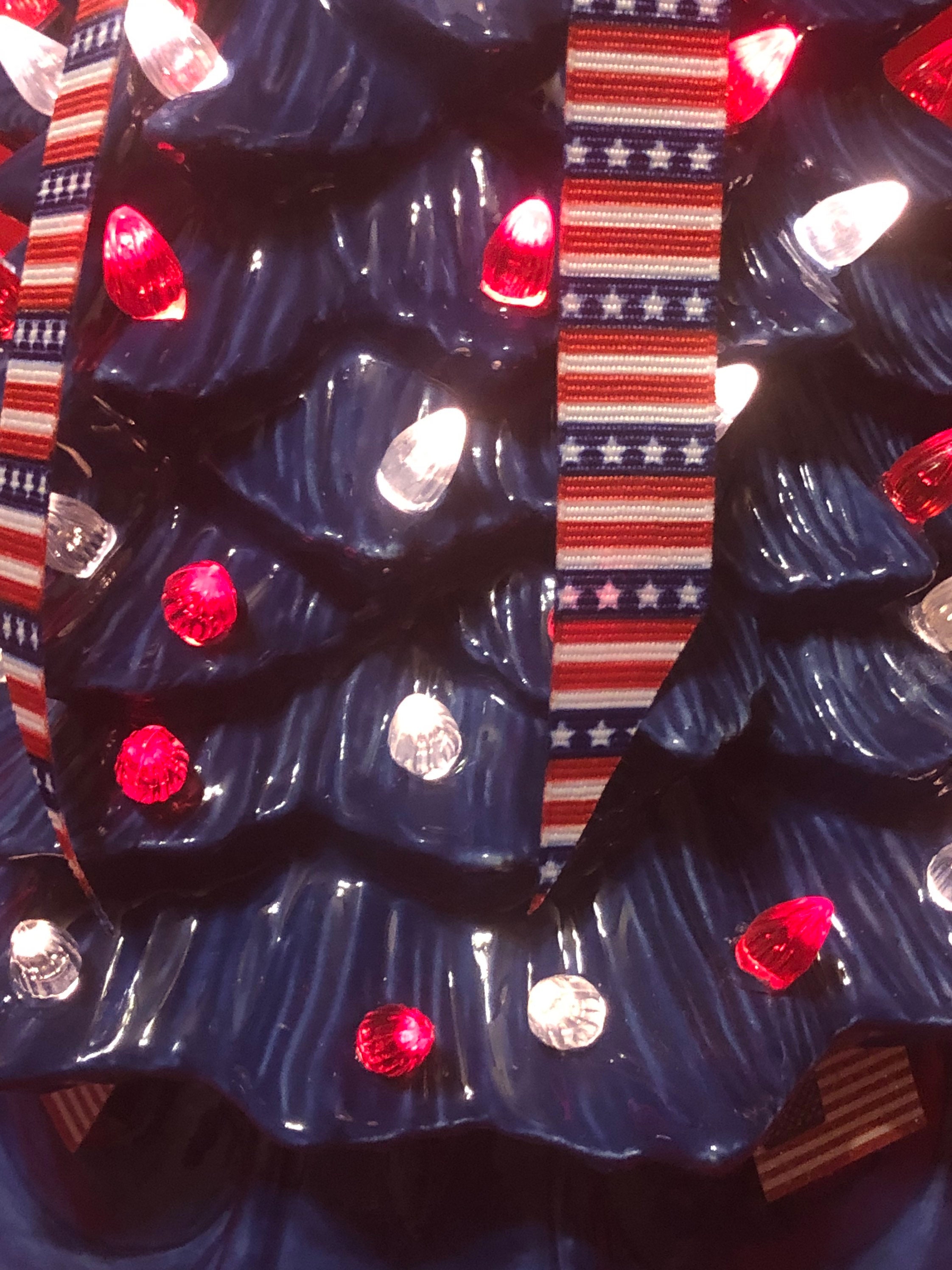Ceramic Patriotic Ornament Tree with flag ribbon and star on top by ...