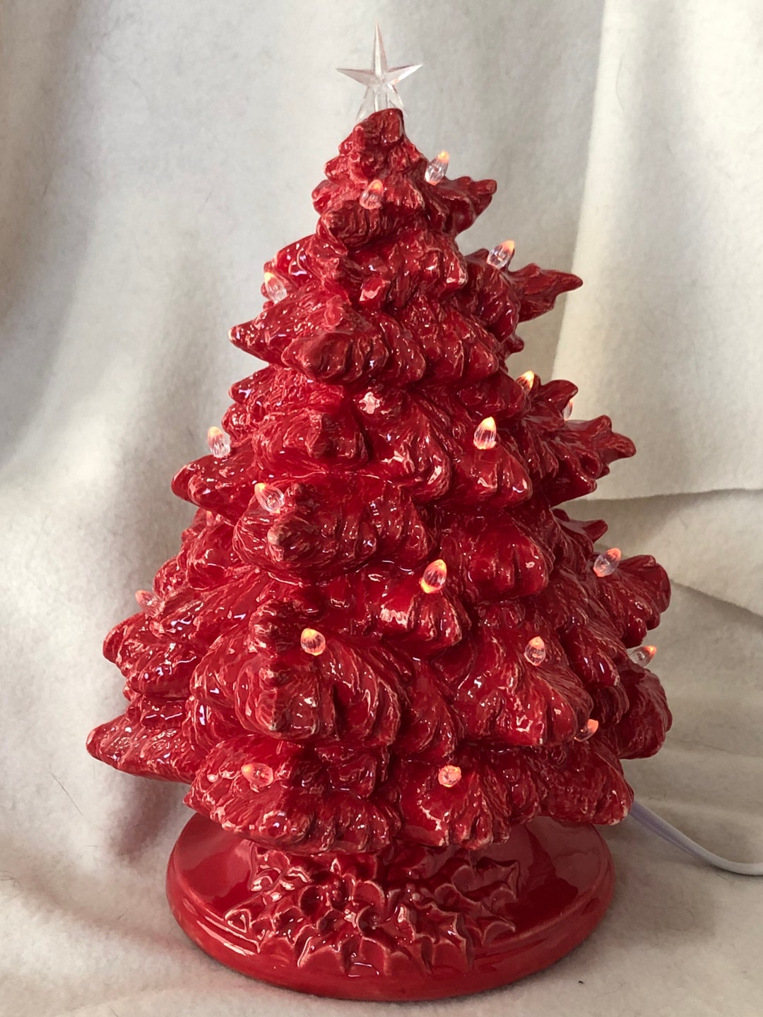 Red Glazed Small Frazier Fir With Clear Bulbs, Star and Base by ...