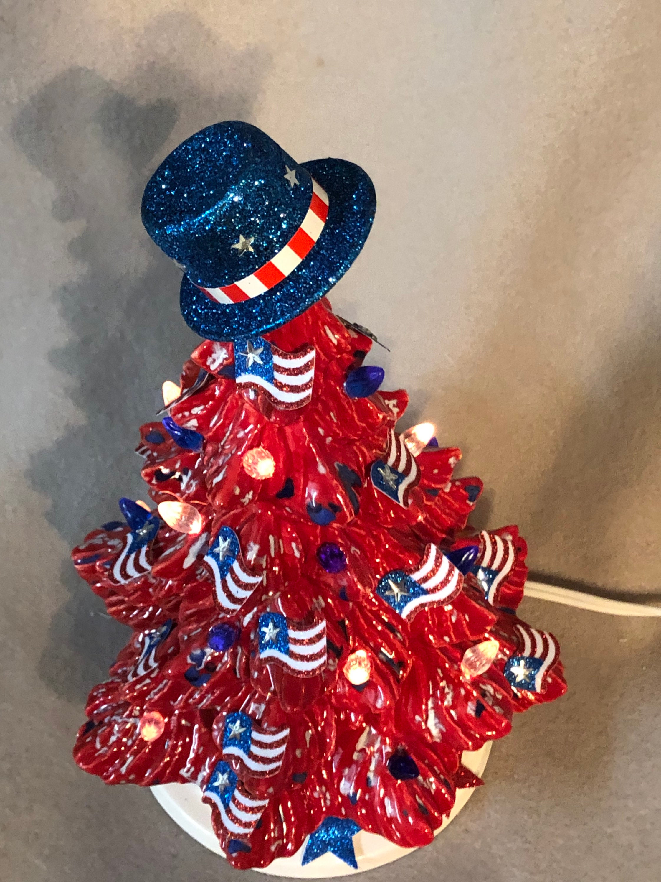 Red Glazed Ceramic Independence Day Tree with blue and white flecks ...