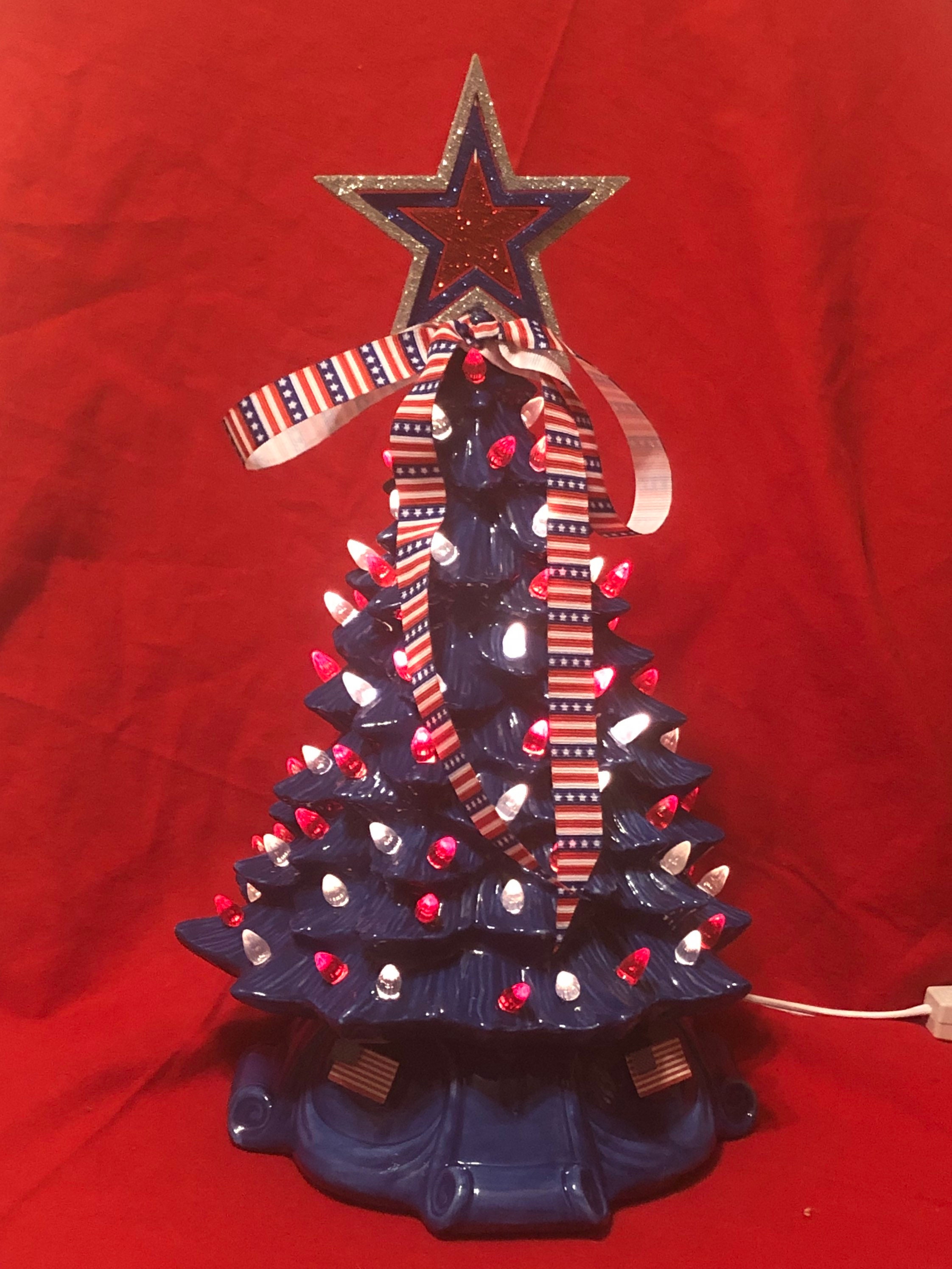 Ceramic Patriotic Ornament Tree with flag ribbon and star on top by ...