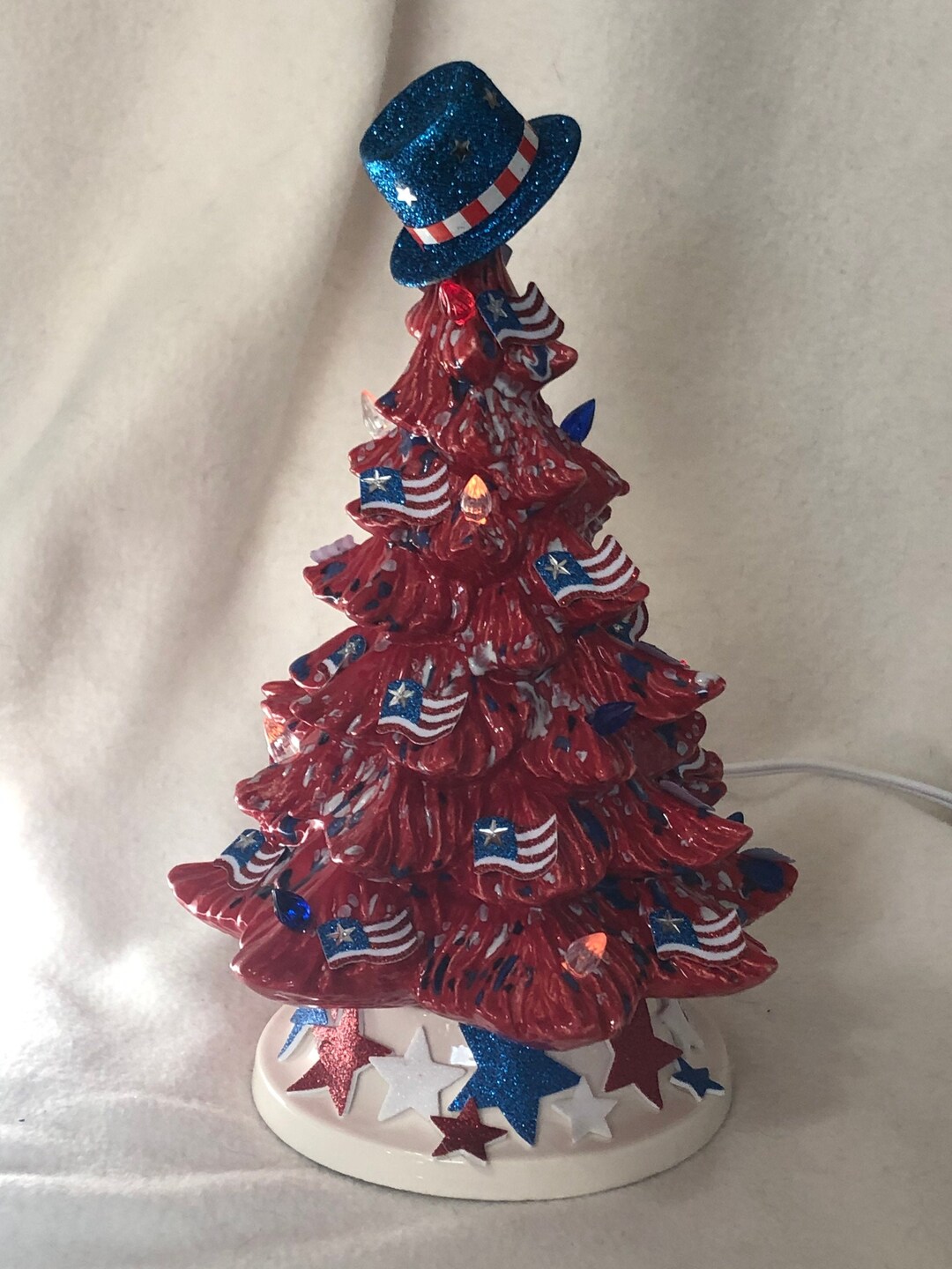 Red Glazed Ceramic Independence Day Tree With Blue and White Flecks ...