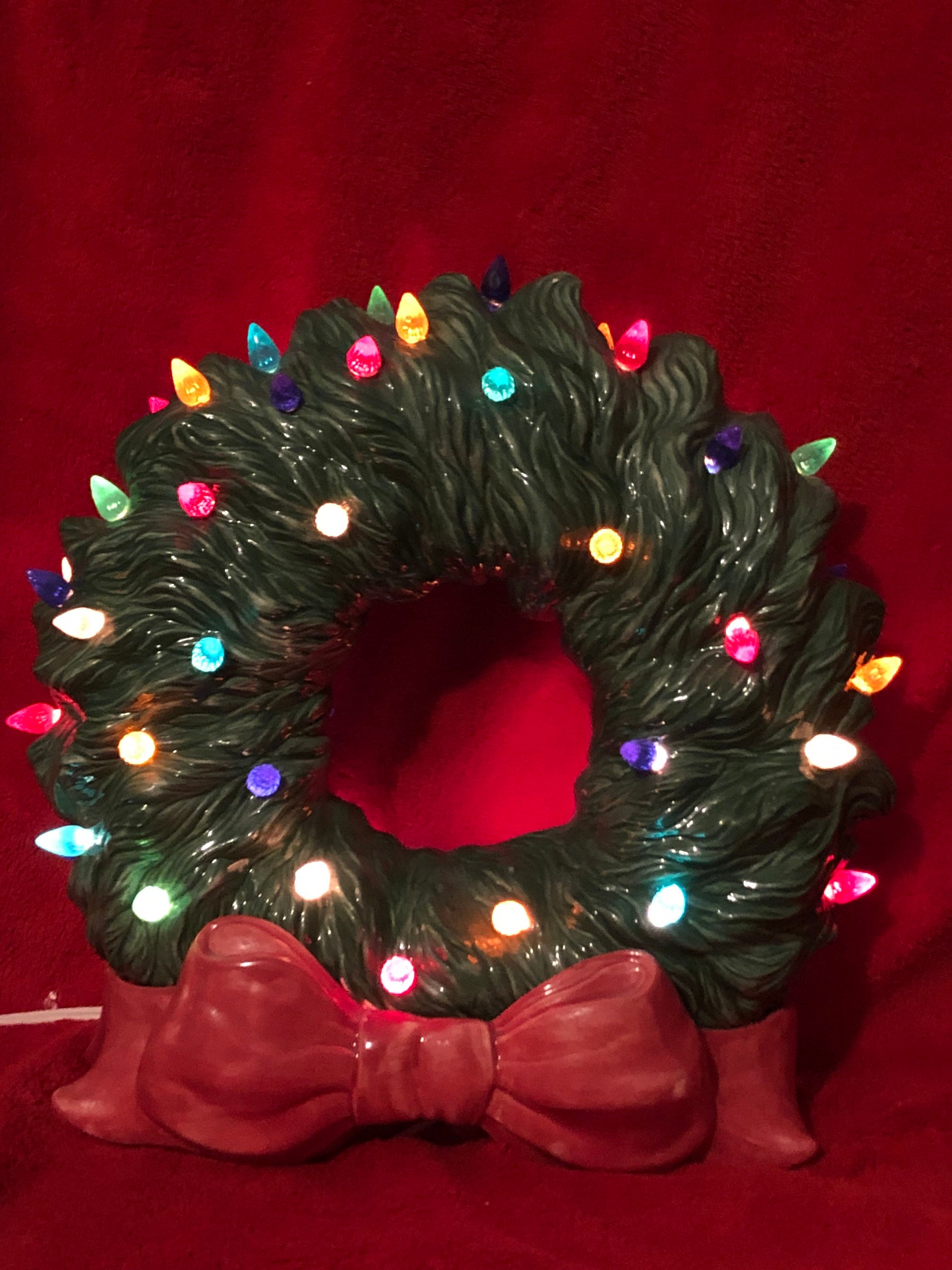 Glazed Ceramic Christmas Wreath with Bow Base light stand