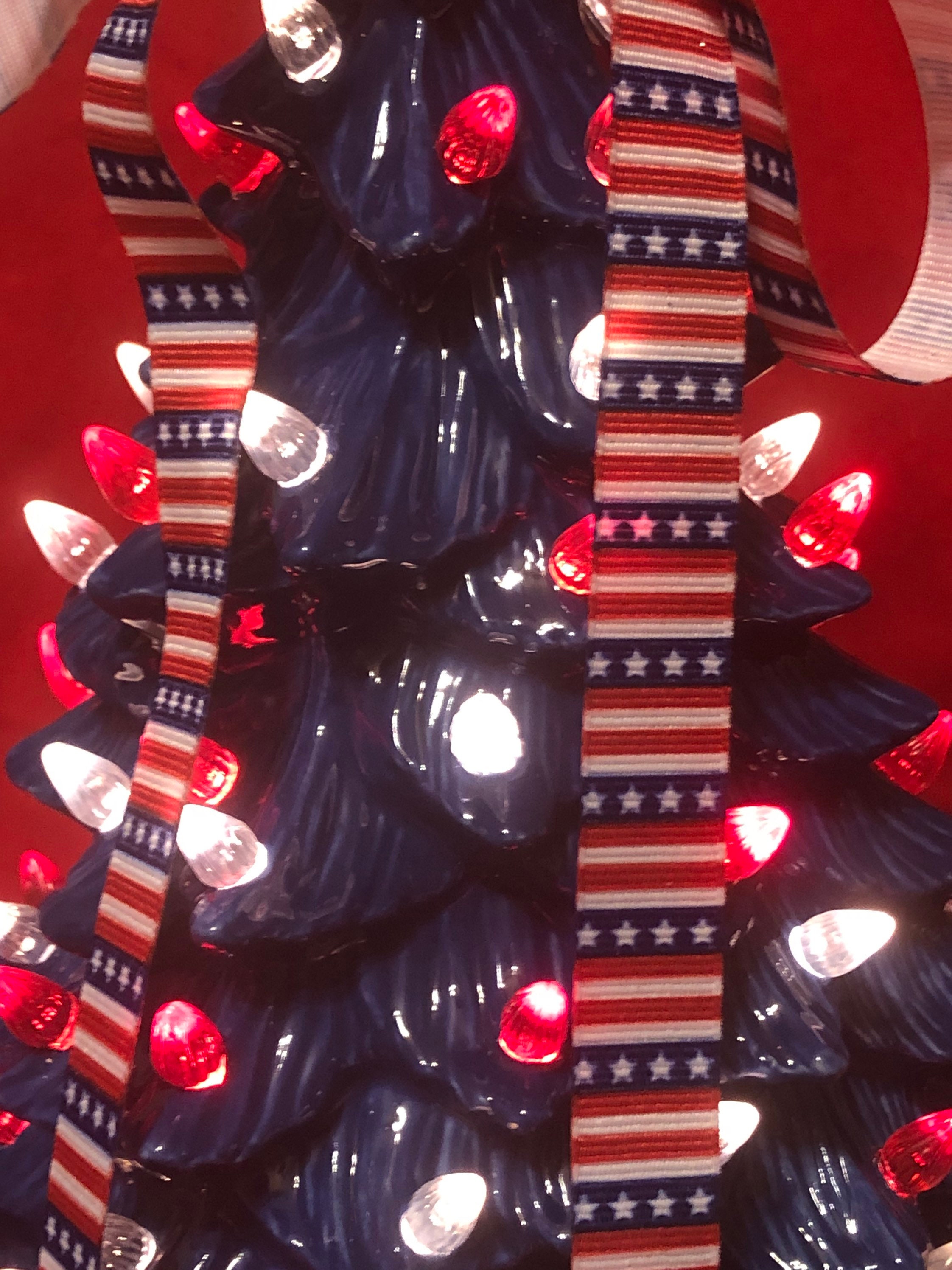 Ceramic Patriotic Ornament Tree with flag ribbon and star on top by ...