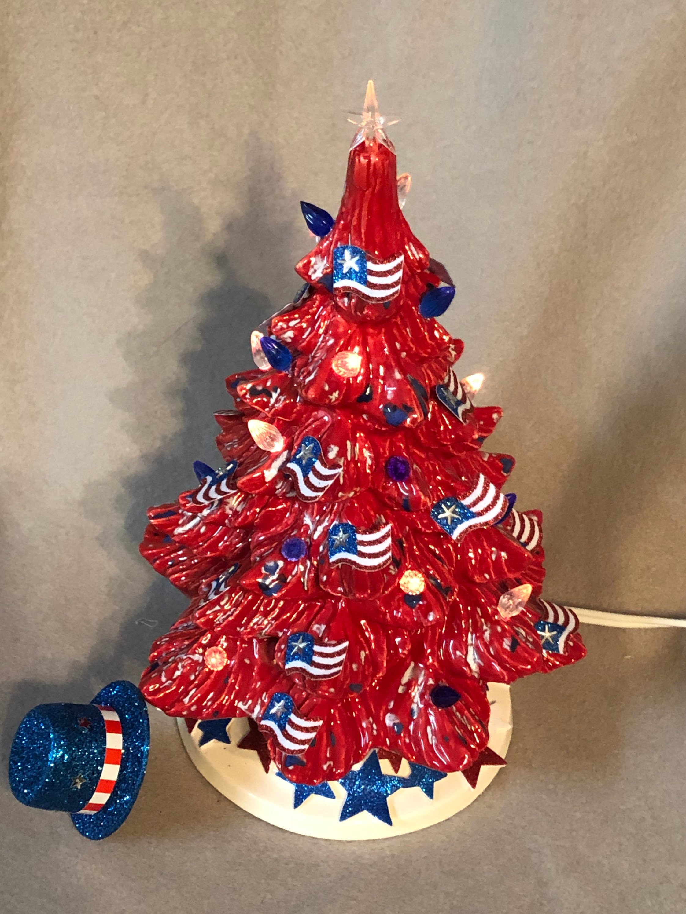 Red Glazed Ceramic Independence Day Tree with blue and white flecks ...