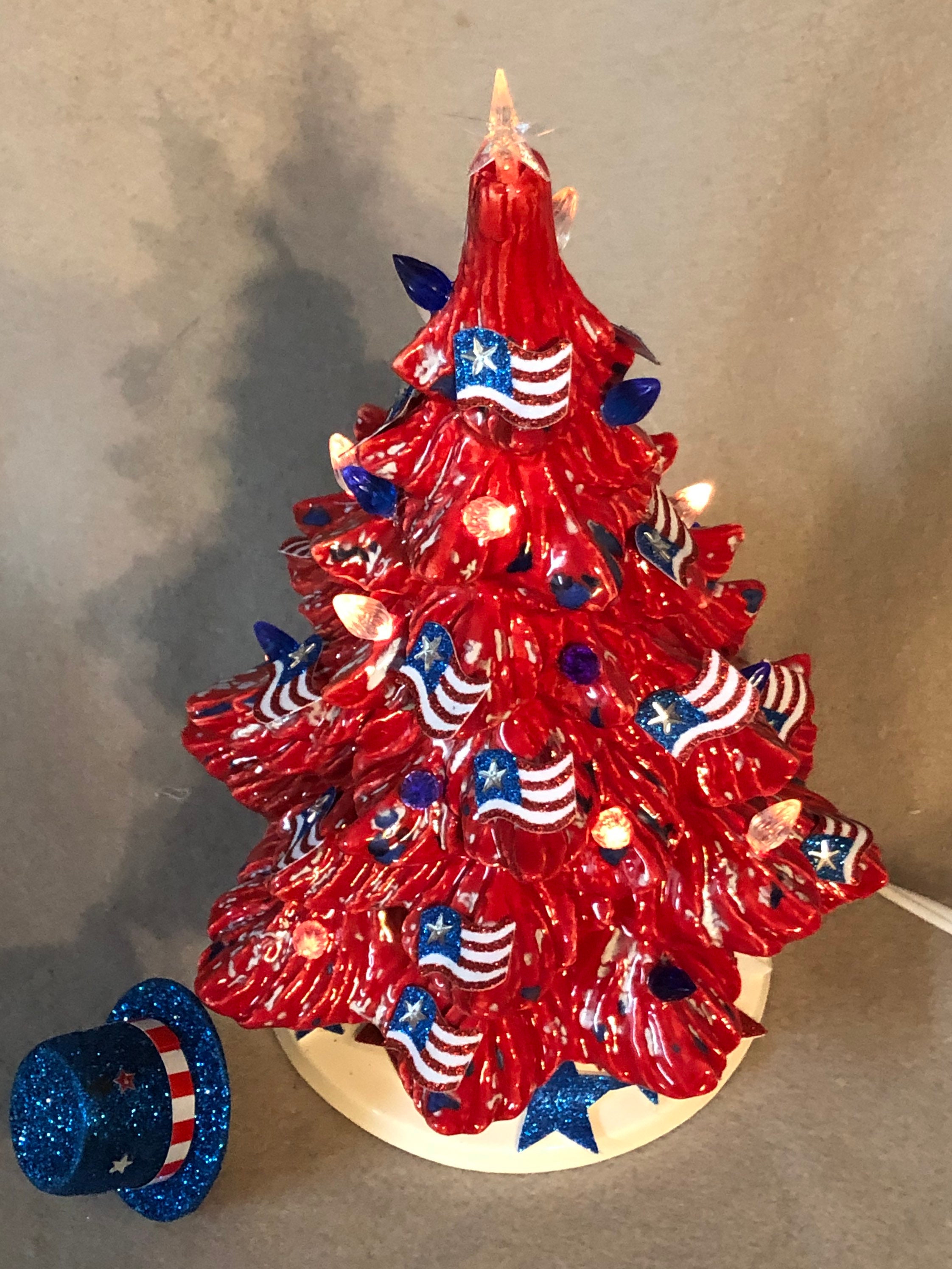 Red Glazed Ceramic Independence Day Tree with blue and white flecks ...