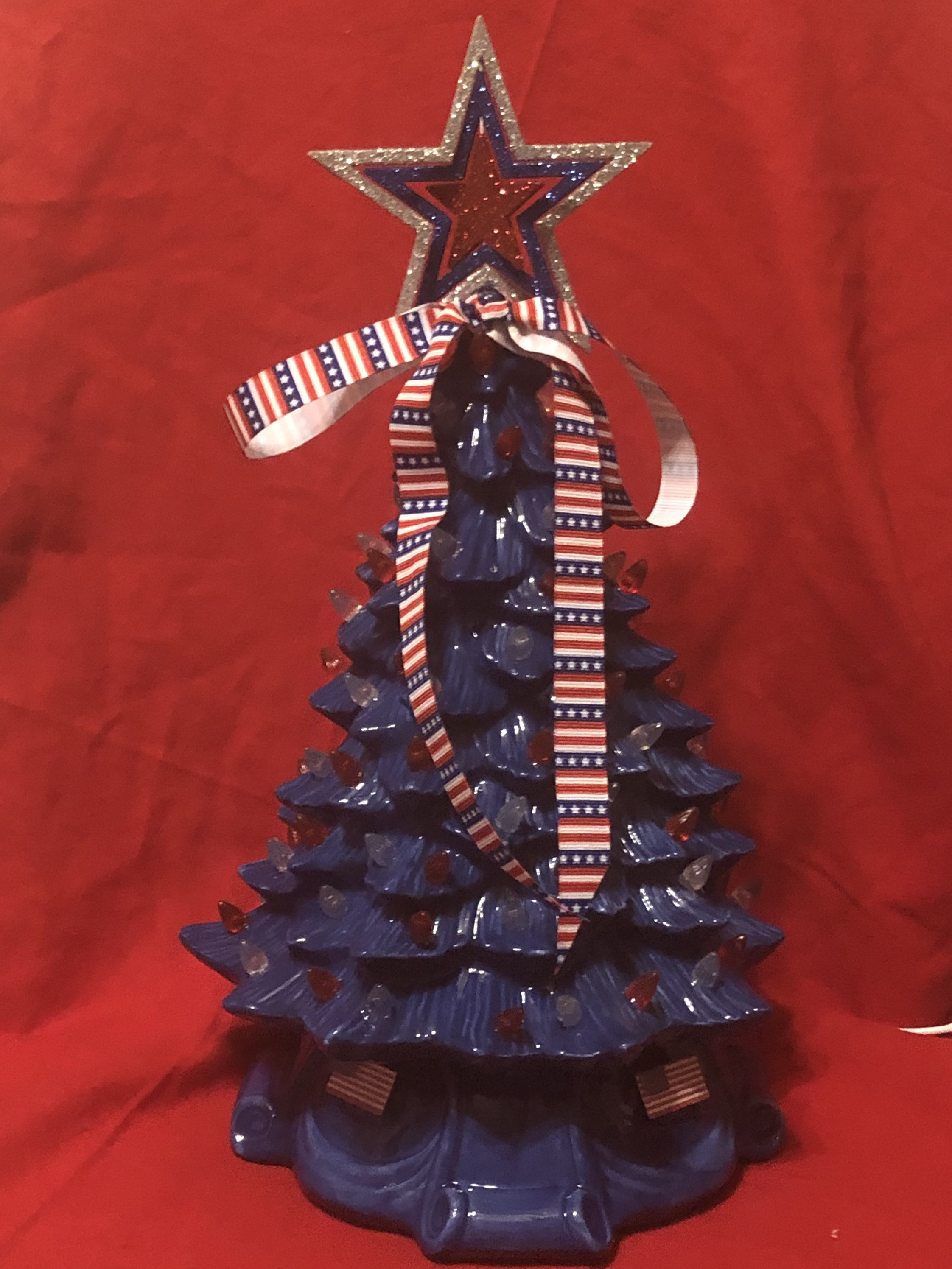 Ceramic Patriotic Ornament Tree with flag ribbon and star on top by ...