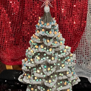 Snow-dusted Christmas Tree and Base - Handcrafted Ornamented Xmas Tree ...