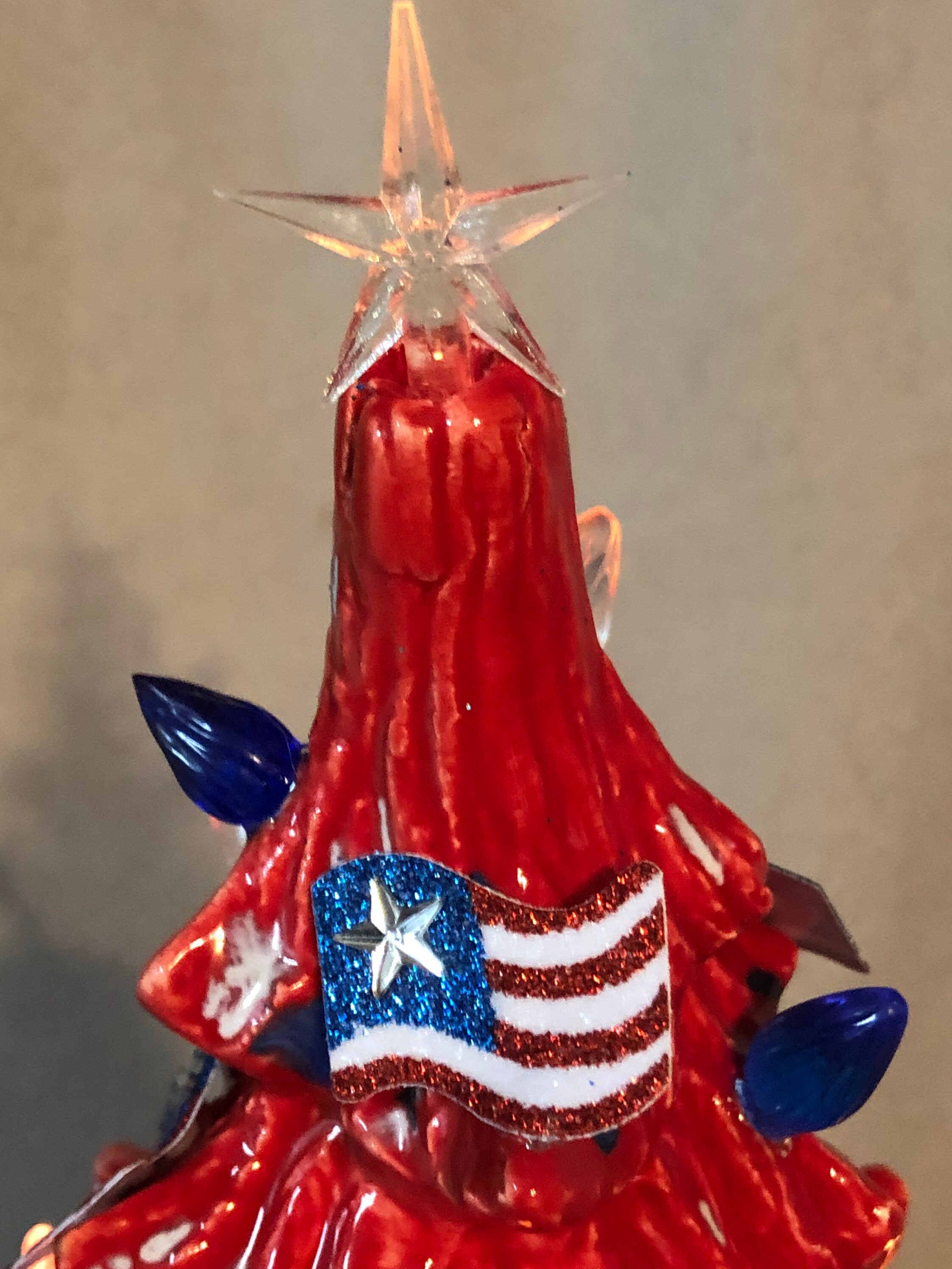 Red Glazed Ceramic Independence Day Tree with blue and white flecks ...