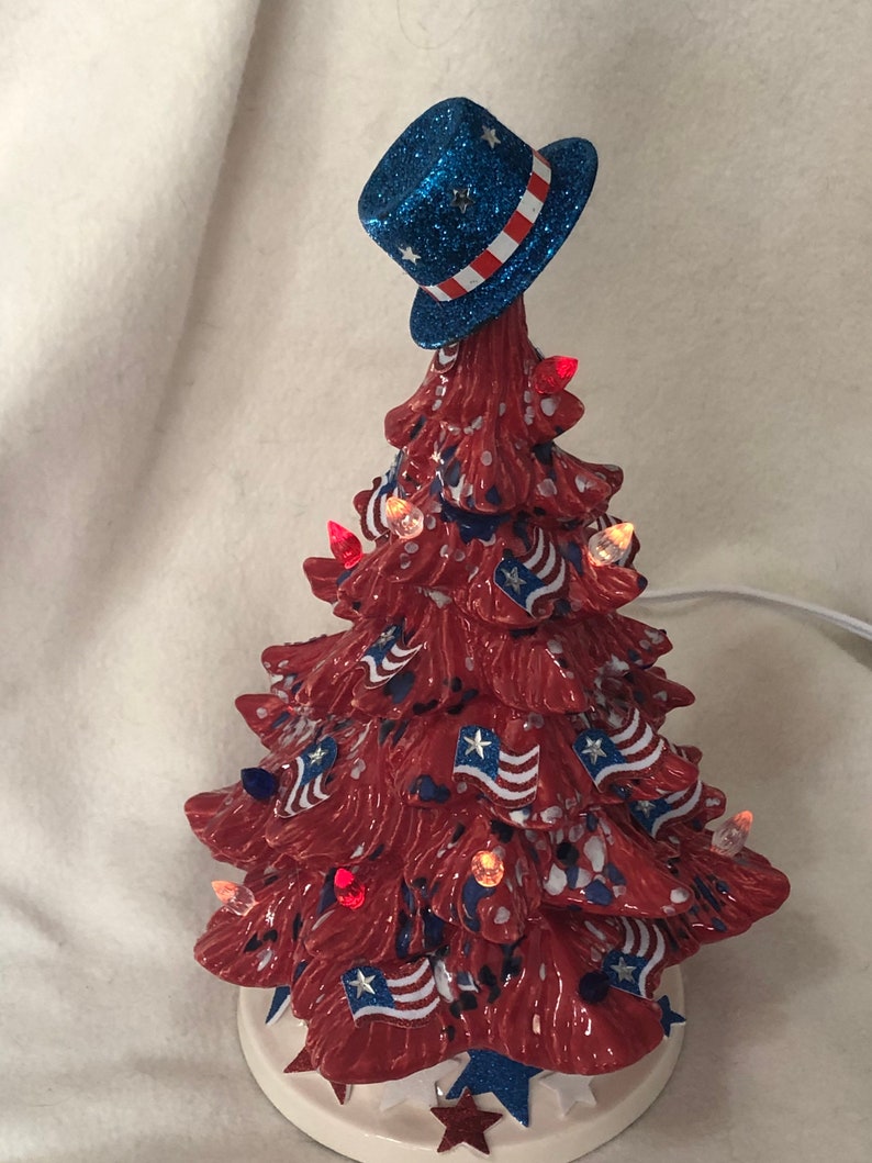 Red Glazed Ceramic Independence Day Tree With Blue and White - Etsy