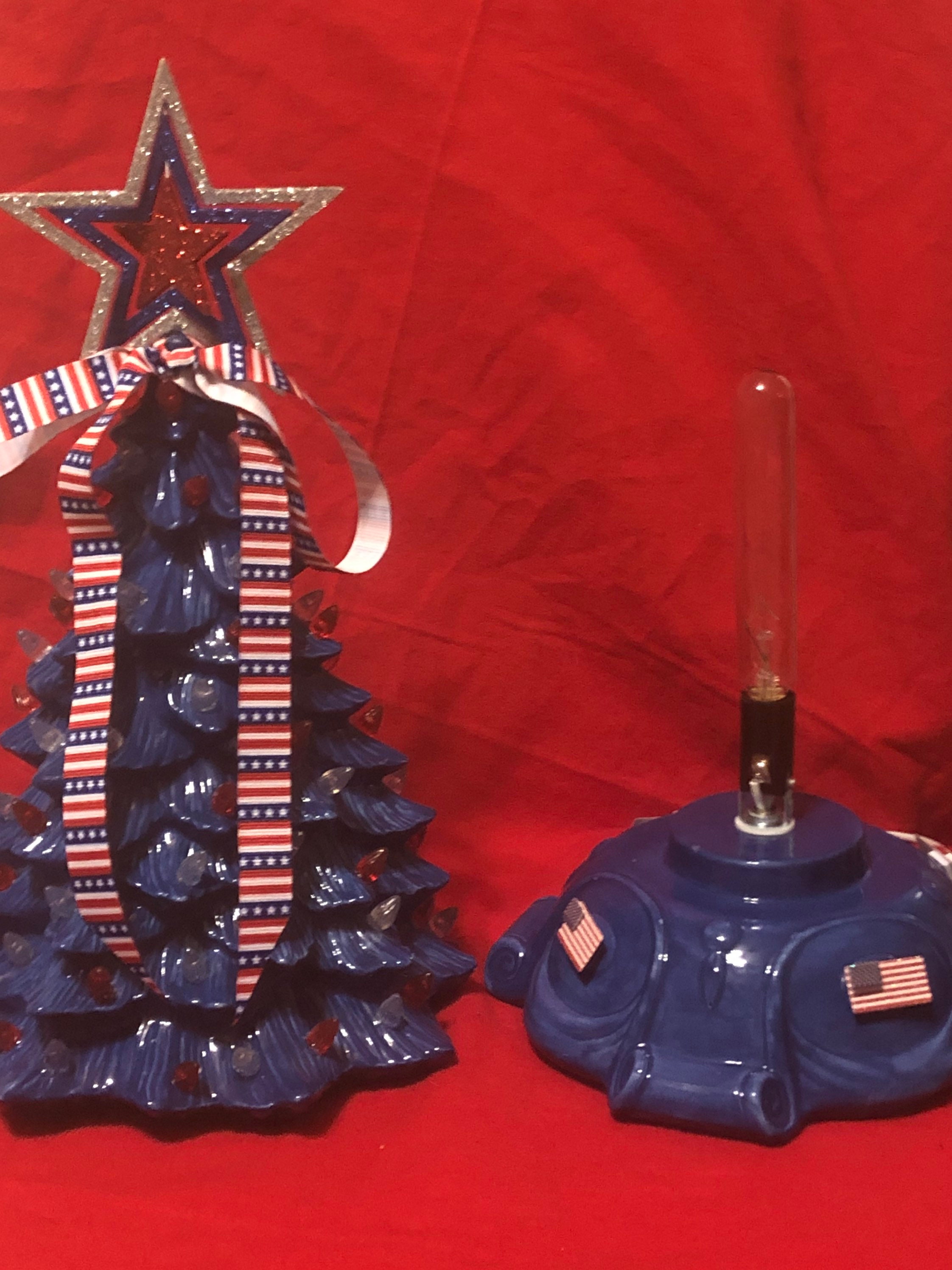 Ceramic Patriotic Ornament Tree with flag ribbon and star on top by ...