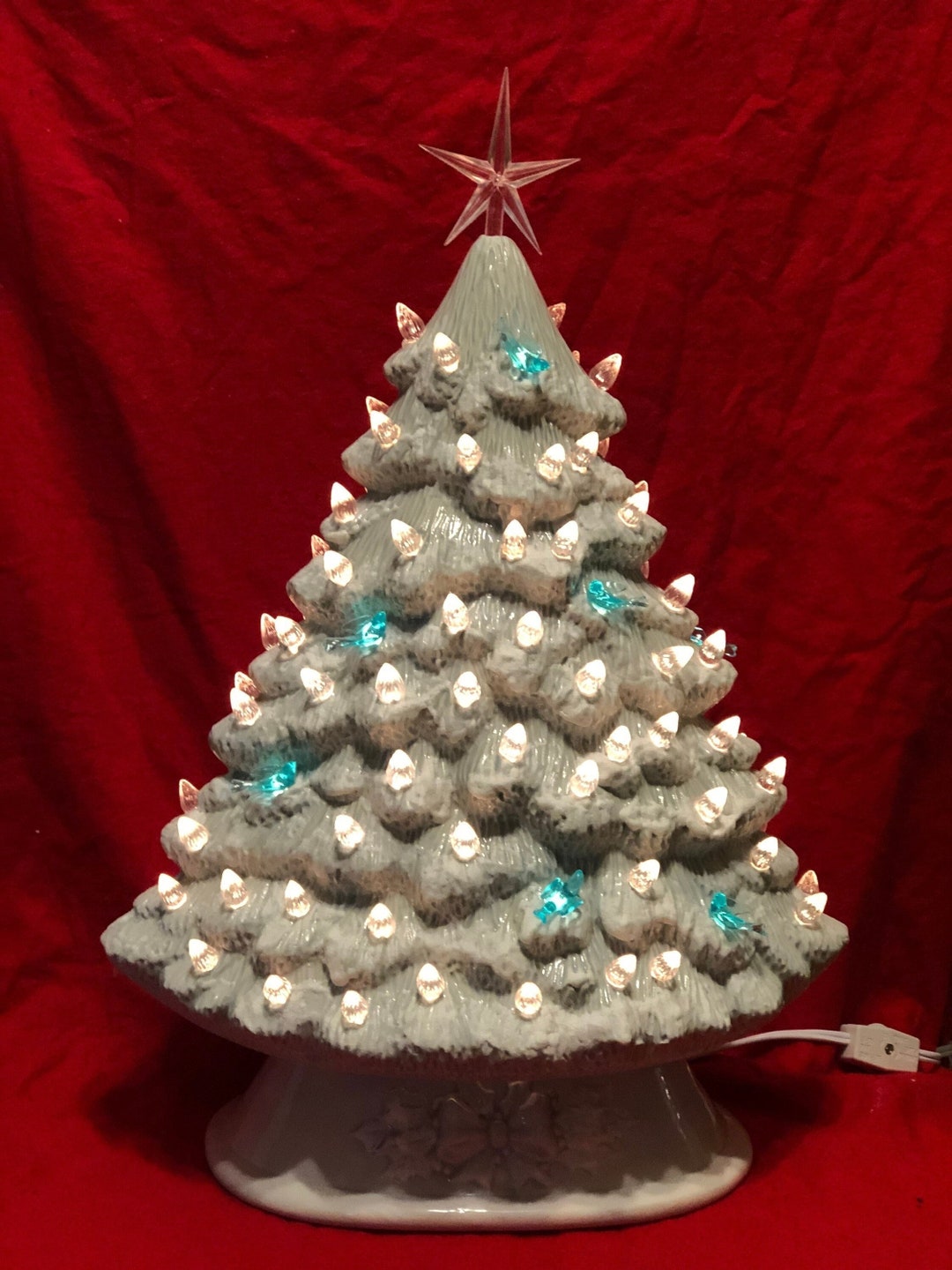 Sheer Blue Glazed Ceramic Christmas Tree With Clear and Blue Bird Light ...