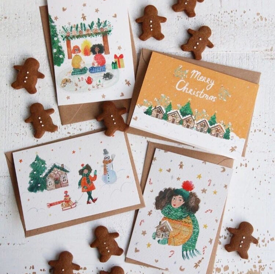 Illustrated Christmas Cards Bundle set of 4 - Etsy