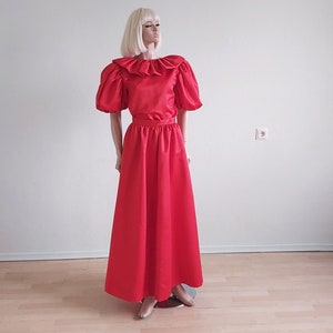 Vintage Red Satin Puff Sleeve Ruffles Dress Set Long Puffy Sleeve ...