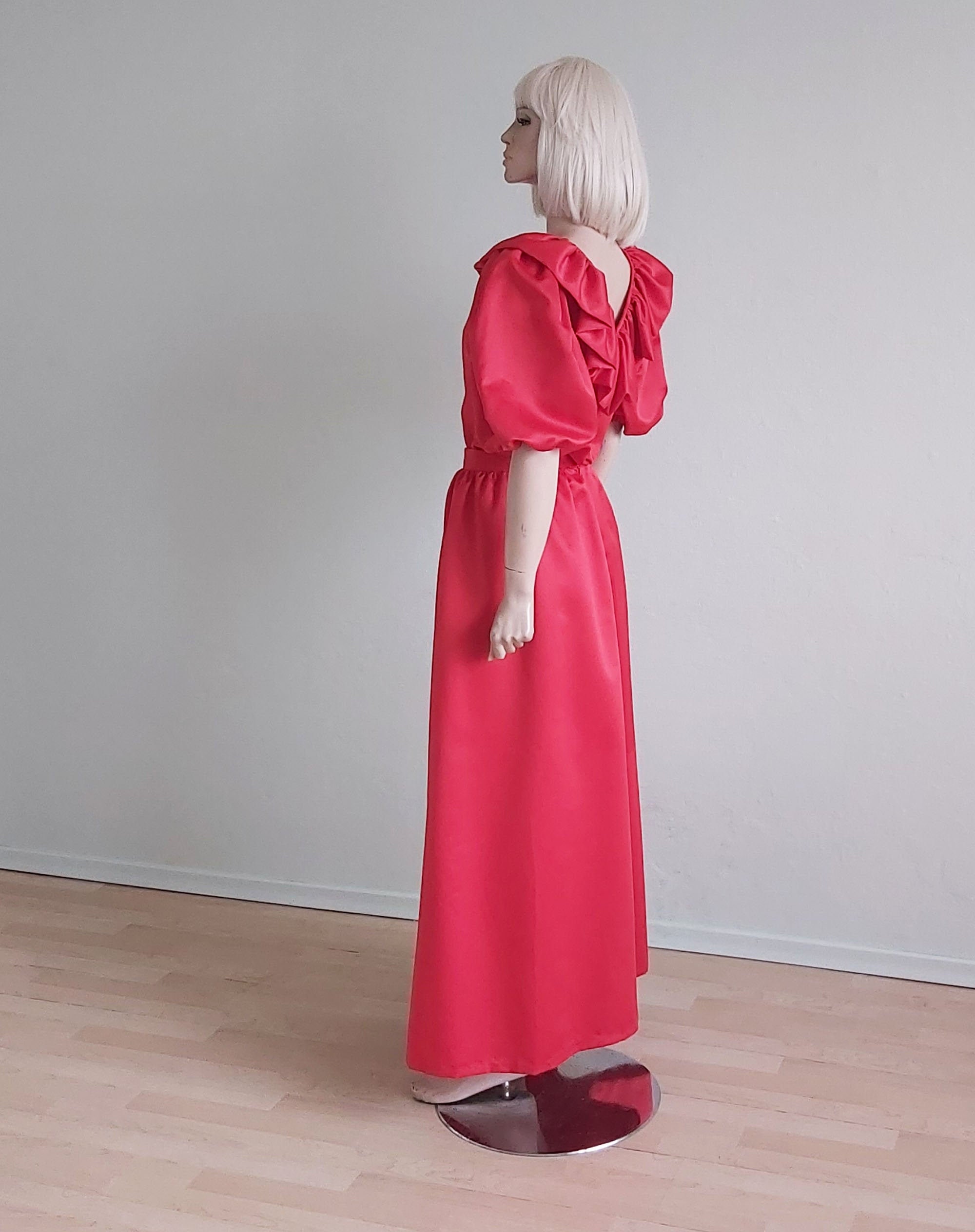 Vintage Red Satin Puff Sleeve Ruffles Dress Set Long Puffy Sleeve ...