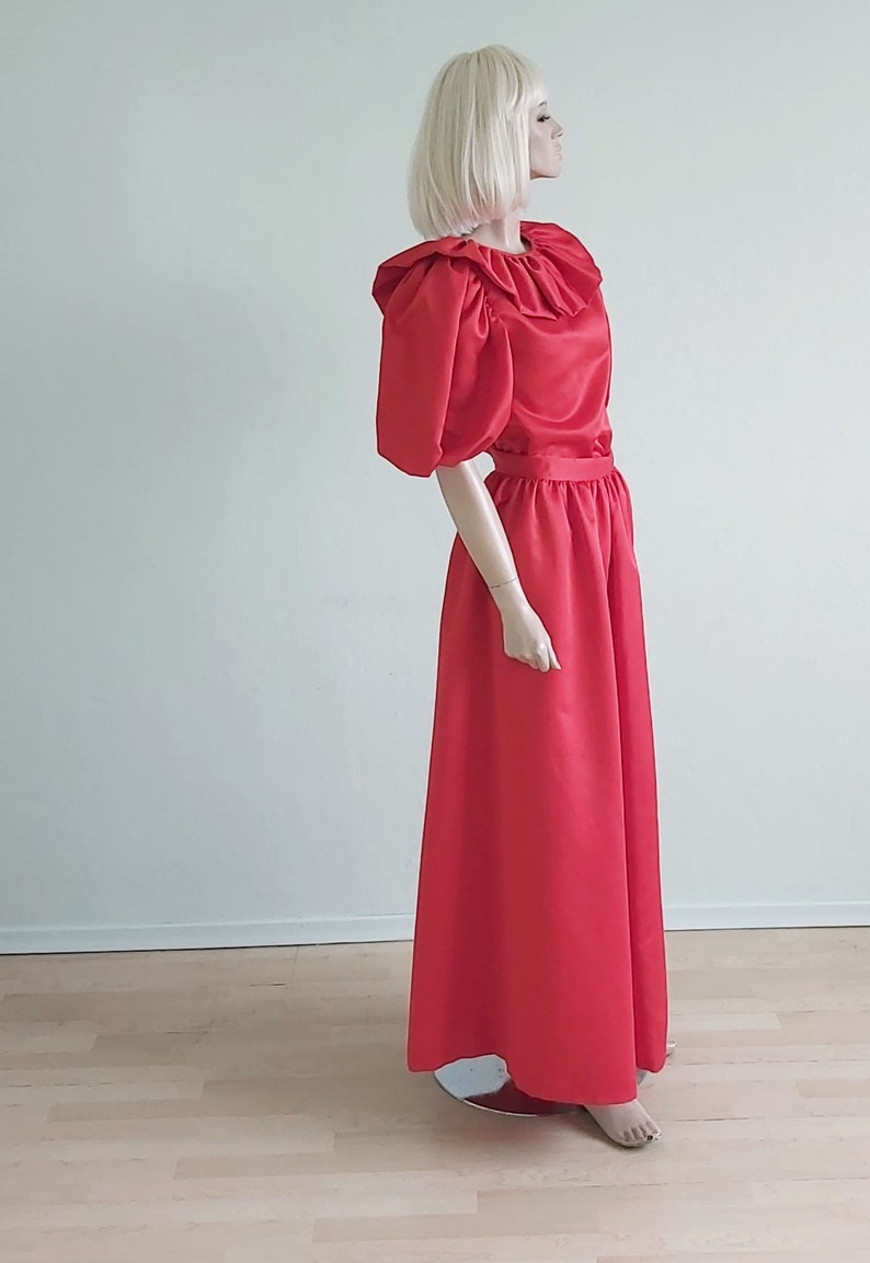 Vintage Red Satin Puff Sleeve Ruffles Dress Set Long Puffy Sleeve ...