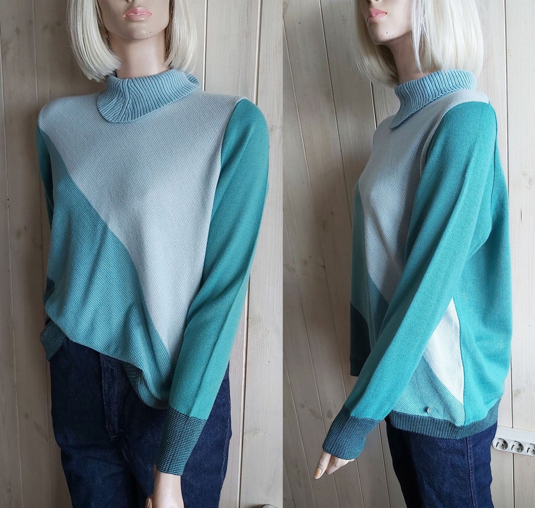 Vtg Turquoise Color Block Patterned Sweater Green Mint Loose Fit ...