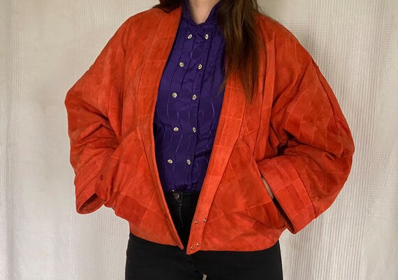 80s Orange Patchwork Bomber Jacket, Suede Oversized J… - Gem