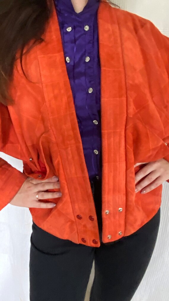 80s Orange Patchwork Bomber Jacket, Suede Oversized J… - Gem