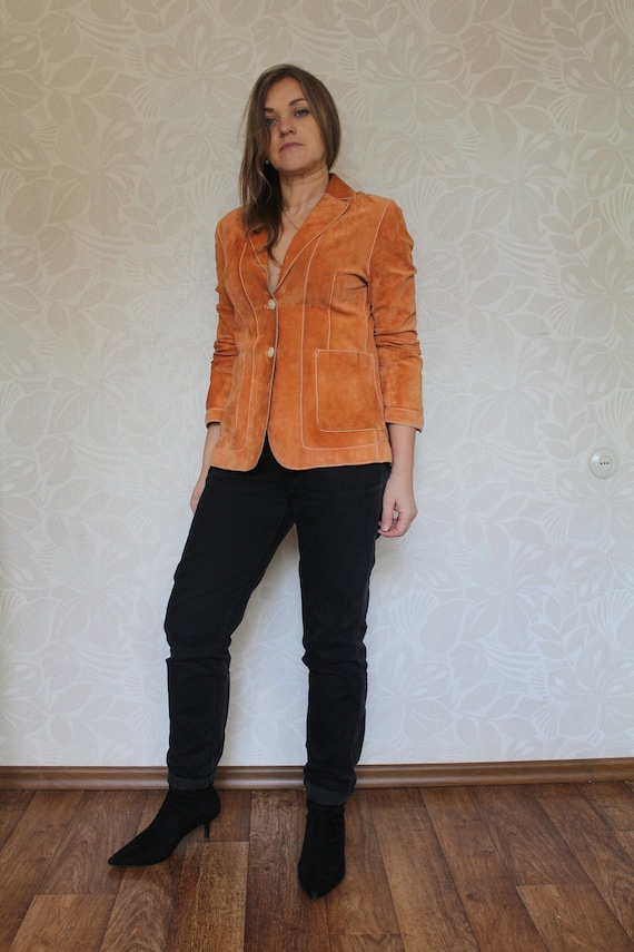 Vintage 80s Orange Bohemian Hippie Suede Jacket Fitte… - Gem