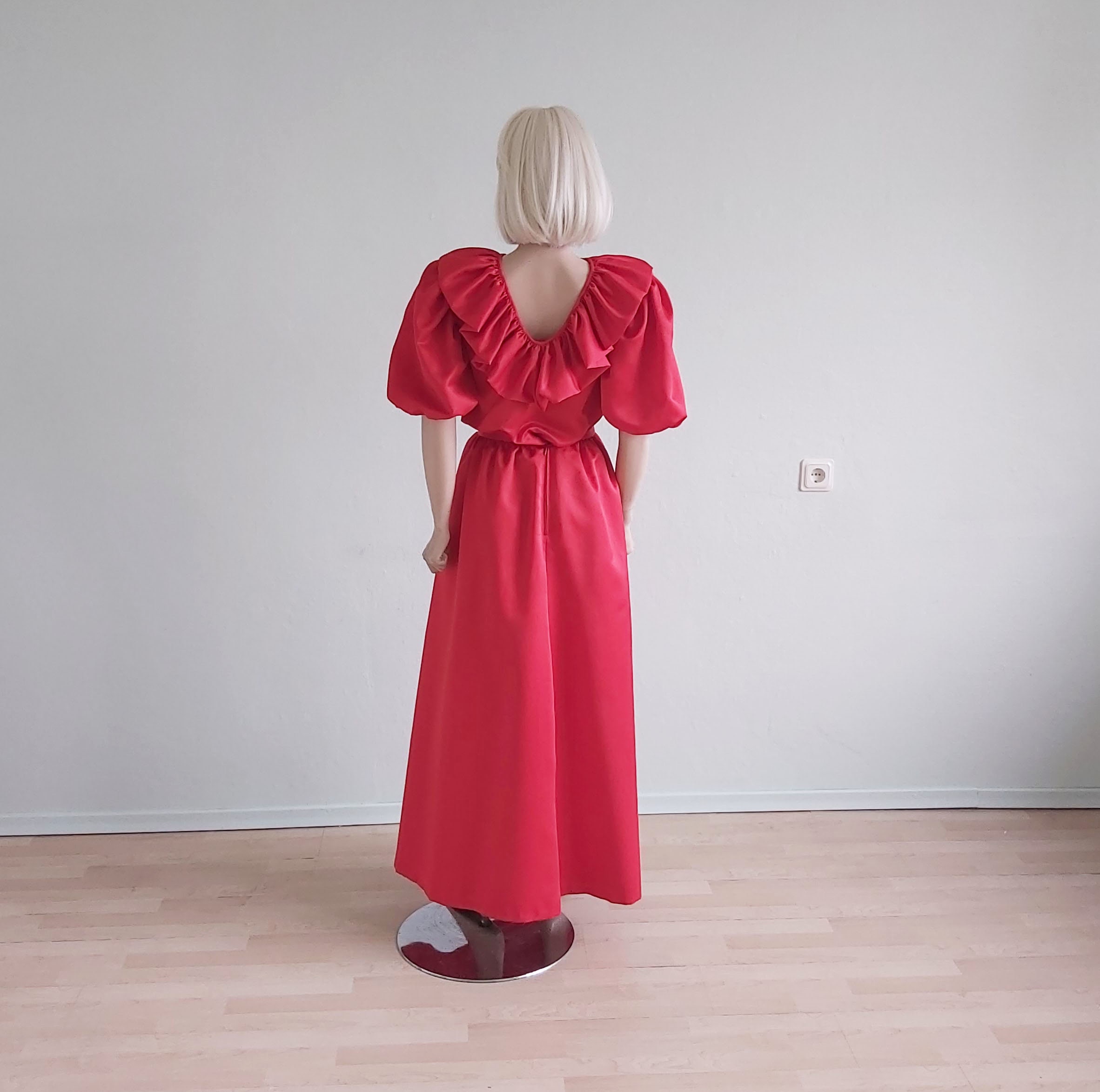Vintage Red Satin Puff Sleeve Ruffles Dress Set Long Puffy Sleeve ...