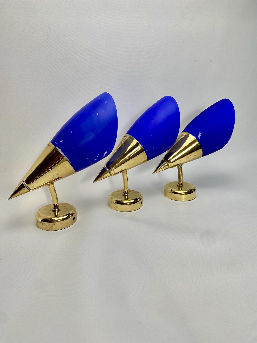 1 of 3 Mid Century Wall Lamp / Vintage Blue Glass Metal Light / Glass ...
