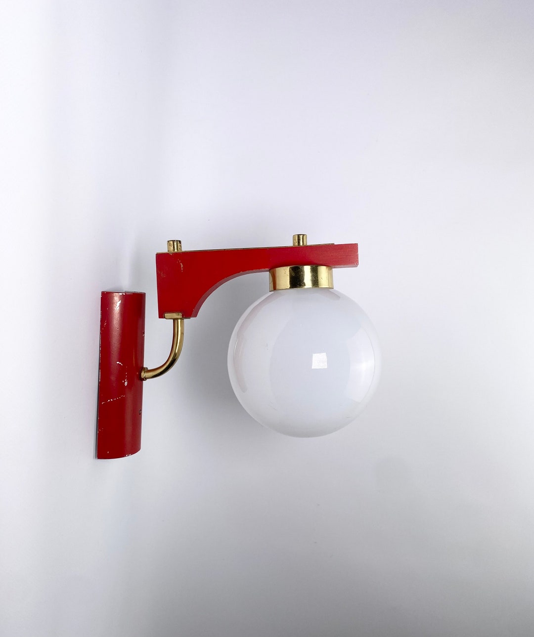 Mid Century Wall Lamp / Red and Gold Vintage Light / Metal Wood Glass ...