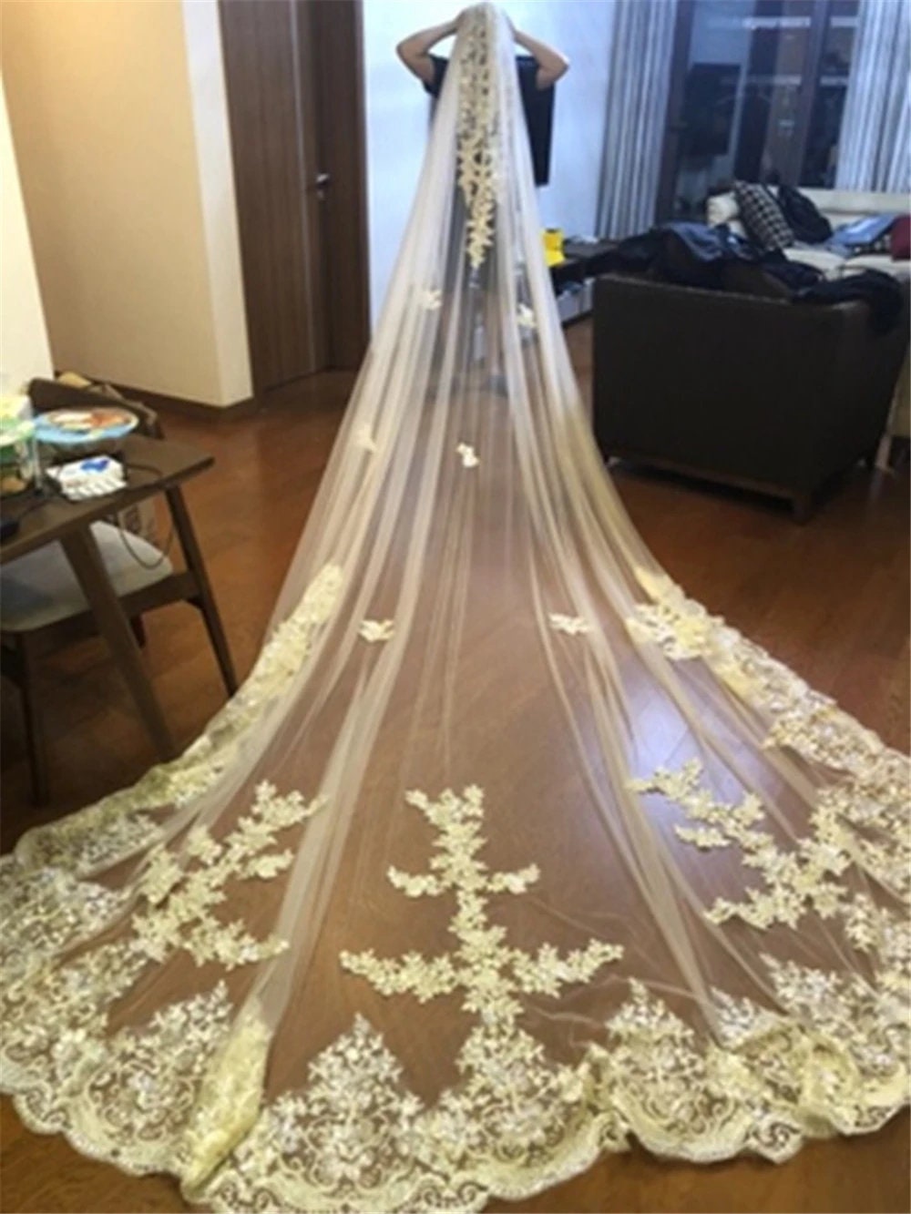 Long Bridal Veils Cathedral Wedding Veil Lace Applique Edge Luxurious ...