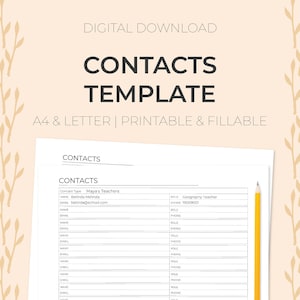 Contacts Template, Printable Sheets, Fillable, Digital Download ...