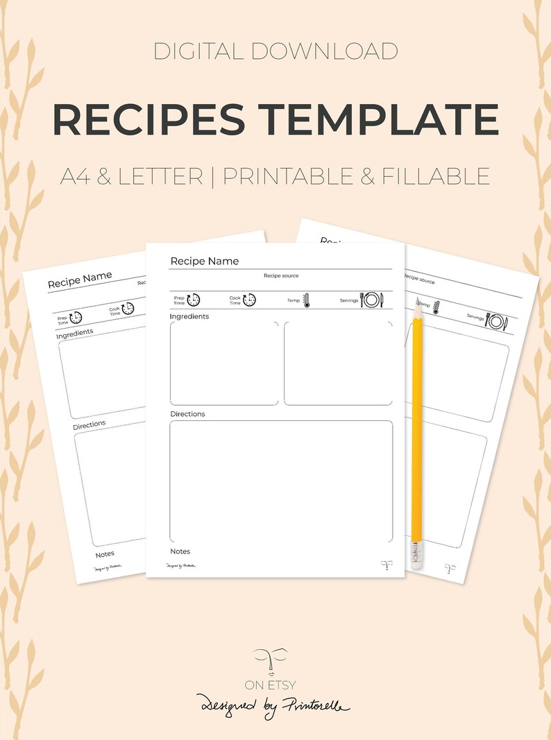 Recipe Card Template, Printable Sheets, Fillable, Digital Download ...