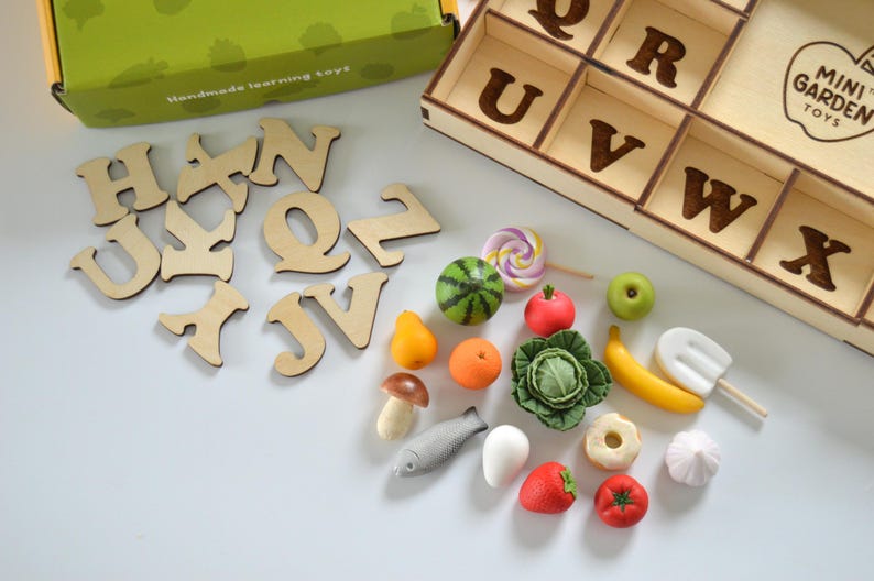 Wooden Alphabet Sorting Box, Miniature Polymer Clay Fruits, Vegetables ...