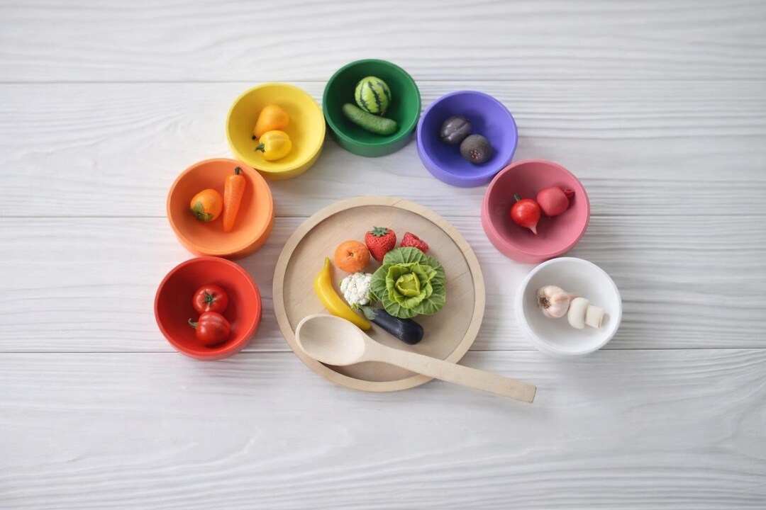 Rainbow Color Sorting Set With Wooden Bowls and Spoon, Miniature ...