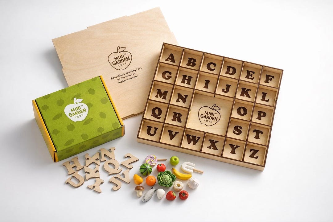 Wooden Alphabet Sorting Box, Miniature Polymer Clay Fruits, Vegetables ...