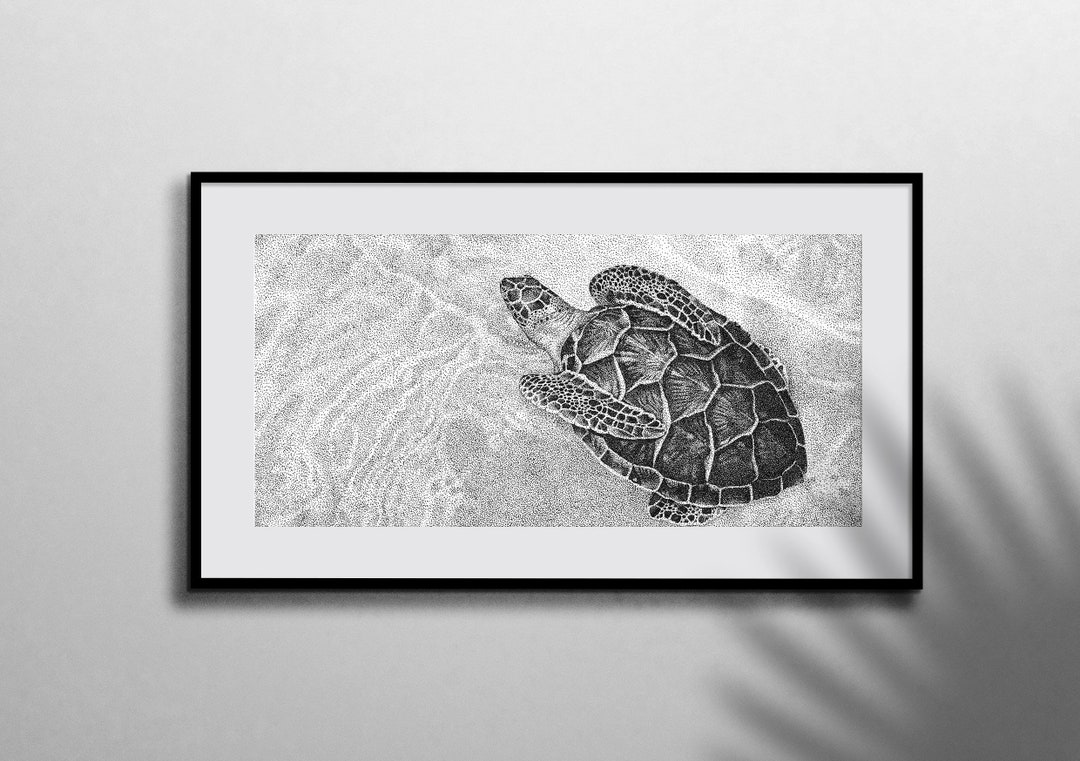 Turtle Art Print Sea Turtle Black and White Dotwork Illustration, Ocean ...