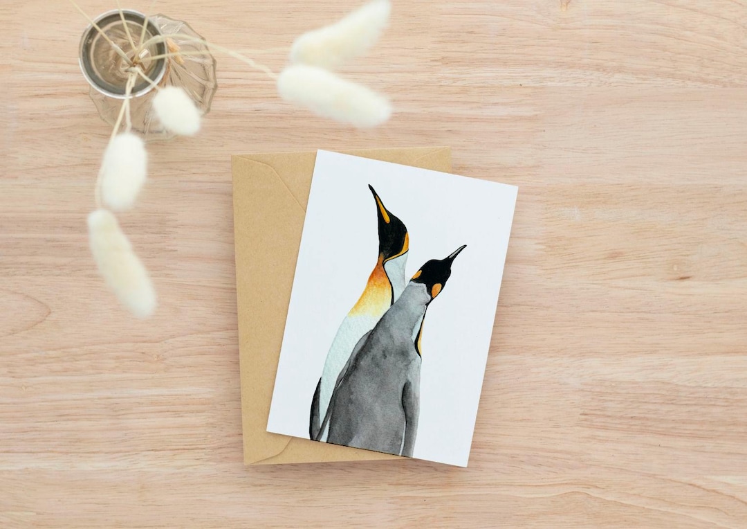 Penguin Cards • Watercolor Folding Valentine's Card With Kraft Envelope ...
