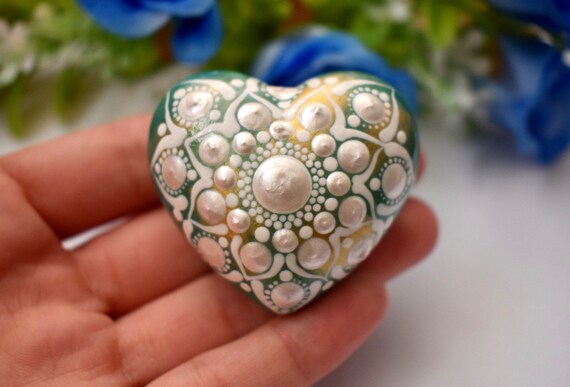 Green Heart Heart Mandala Rock Painting Mandala Stone Dot - Etsy
