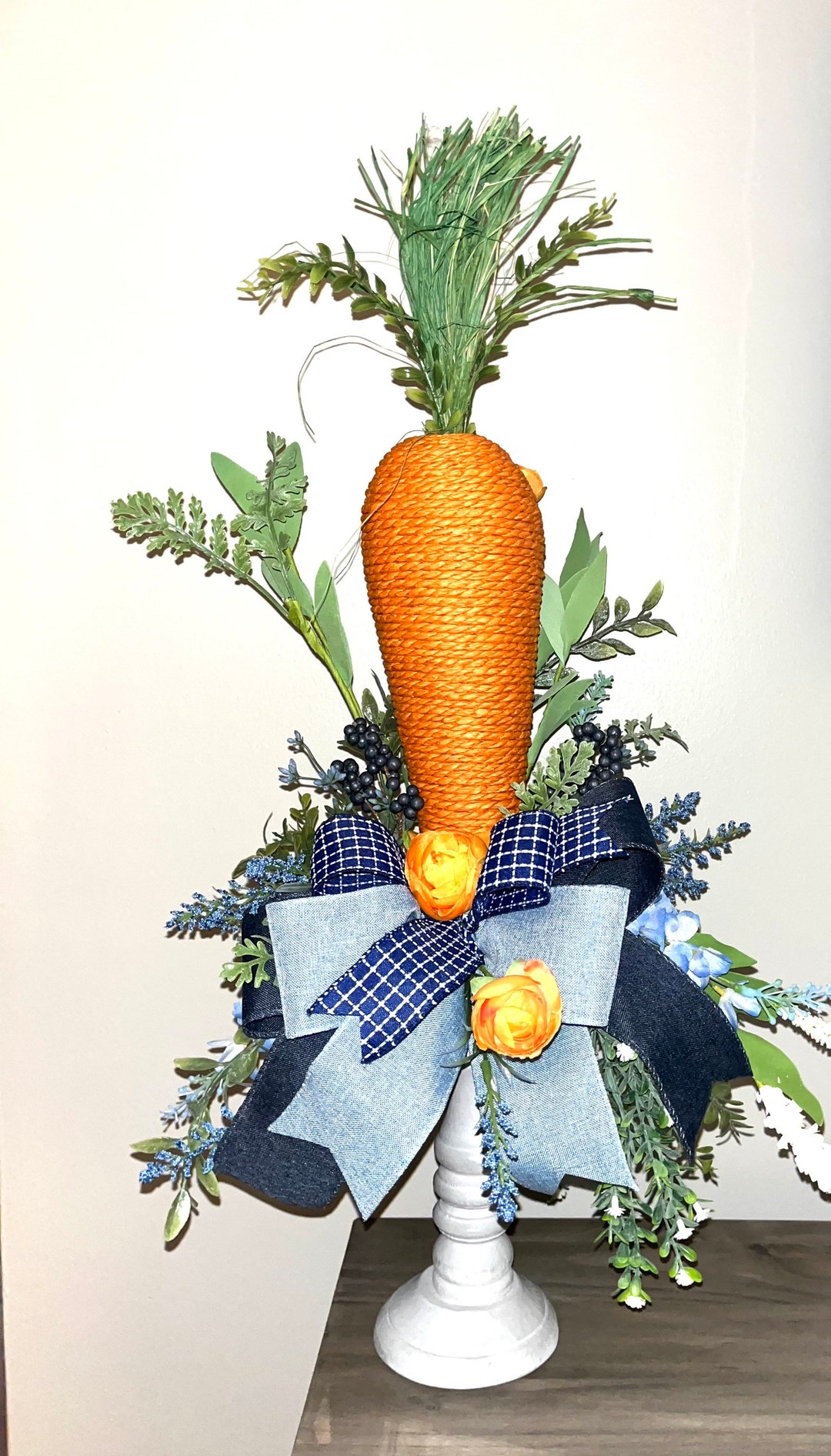 Carrot Candlestick Arrangement, Denim Ribbon, Easter Centerpiece - Etsy