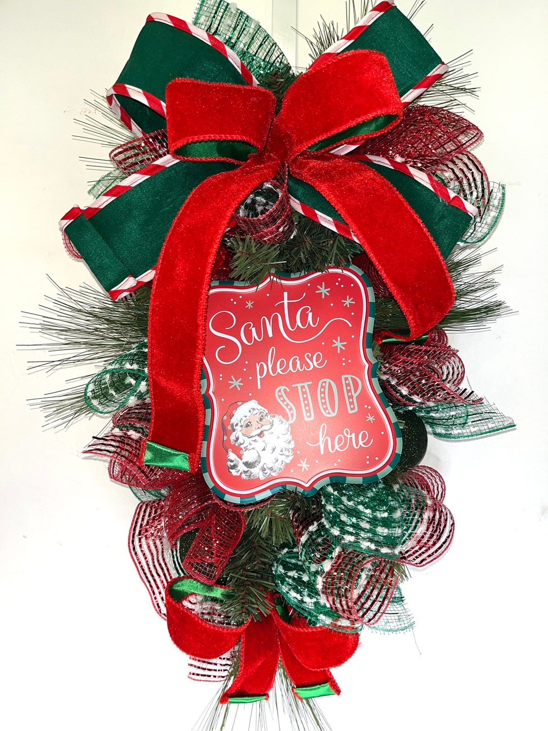 Christmas Swag, Swag for Front Door, Holiday Swag, Retro Santa Swag ...