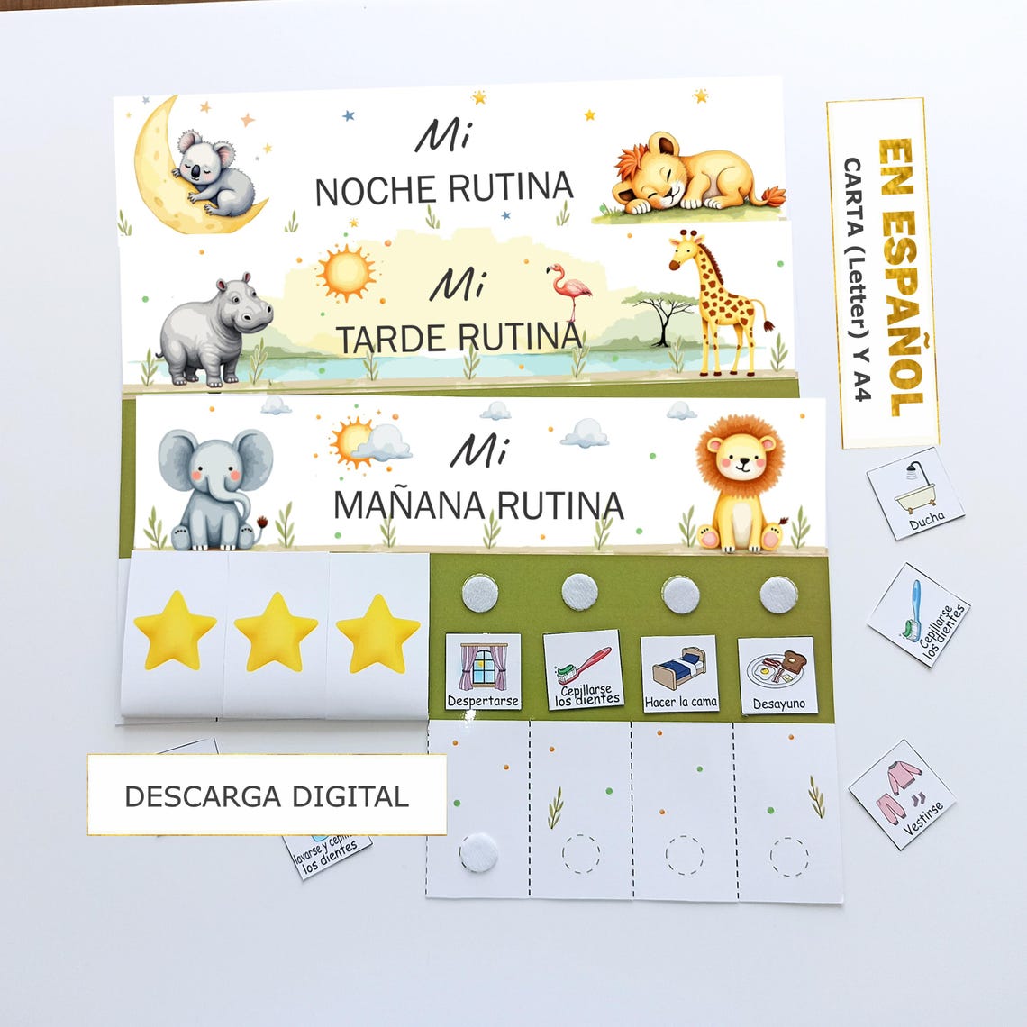 Tablero De Rutinas Diarias Para Niños Animales Safari, Mañana, Tarde Y ...