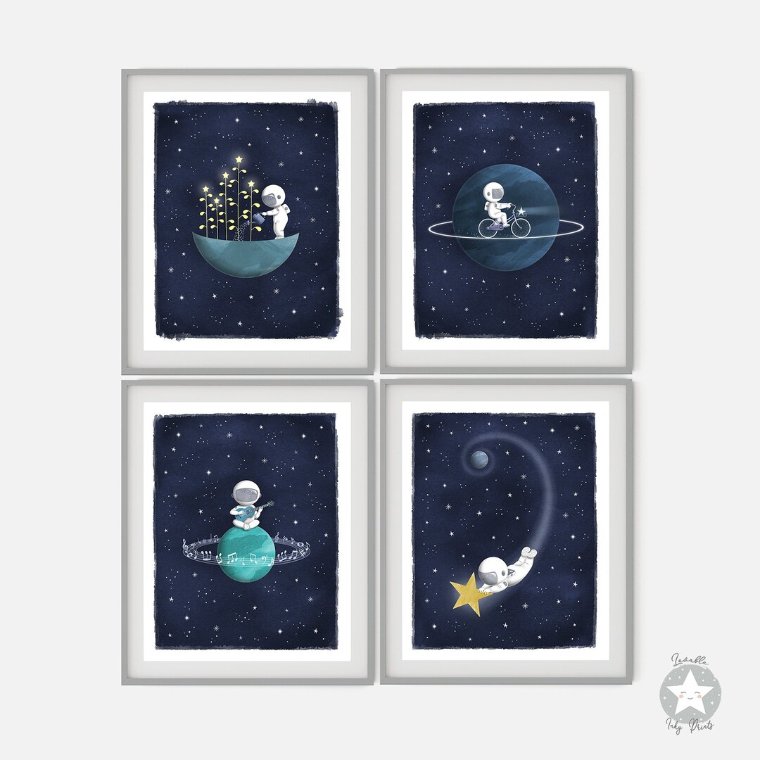 Set of 4 Astronaut Space Themed Nursery Decor Prints, Moon and Stars ...