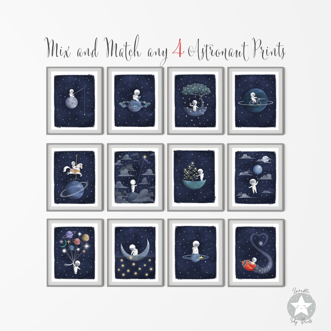Mix and Match Set of 4 Astronaut Space Themed Nursery Decor Prints ...