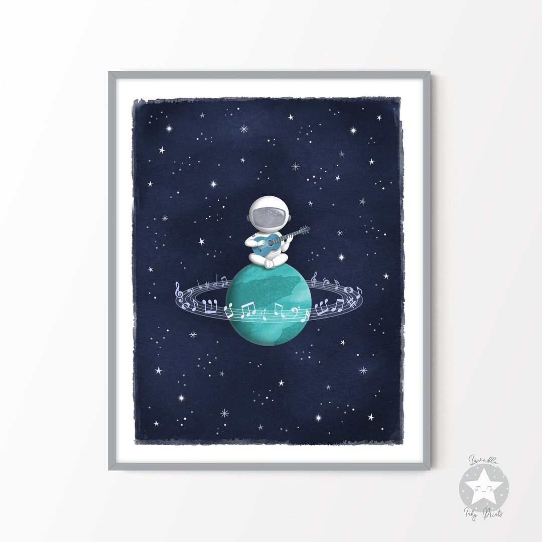 Astronaut Space Themed Nursery Decor Print, Moon and Stars, Navy Blue ...