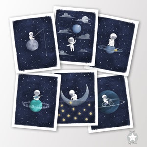 Set of 6 Astronaut Space Themed Nursery Decor Prints, Navy Blue Moon ...