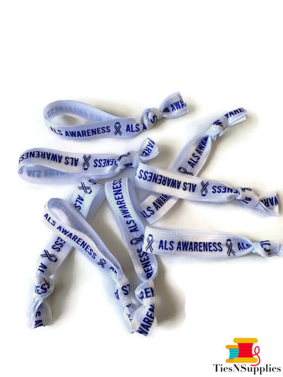 5 or 10 Ties - ALS Awareness White Background Ribbon- Hair Tie ...