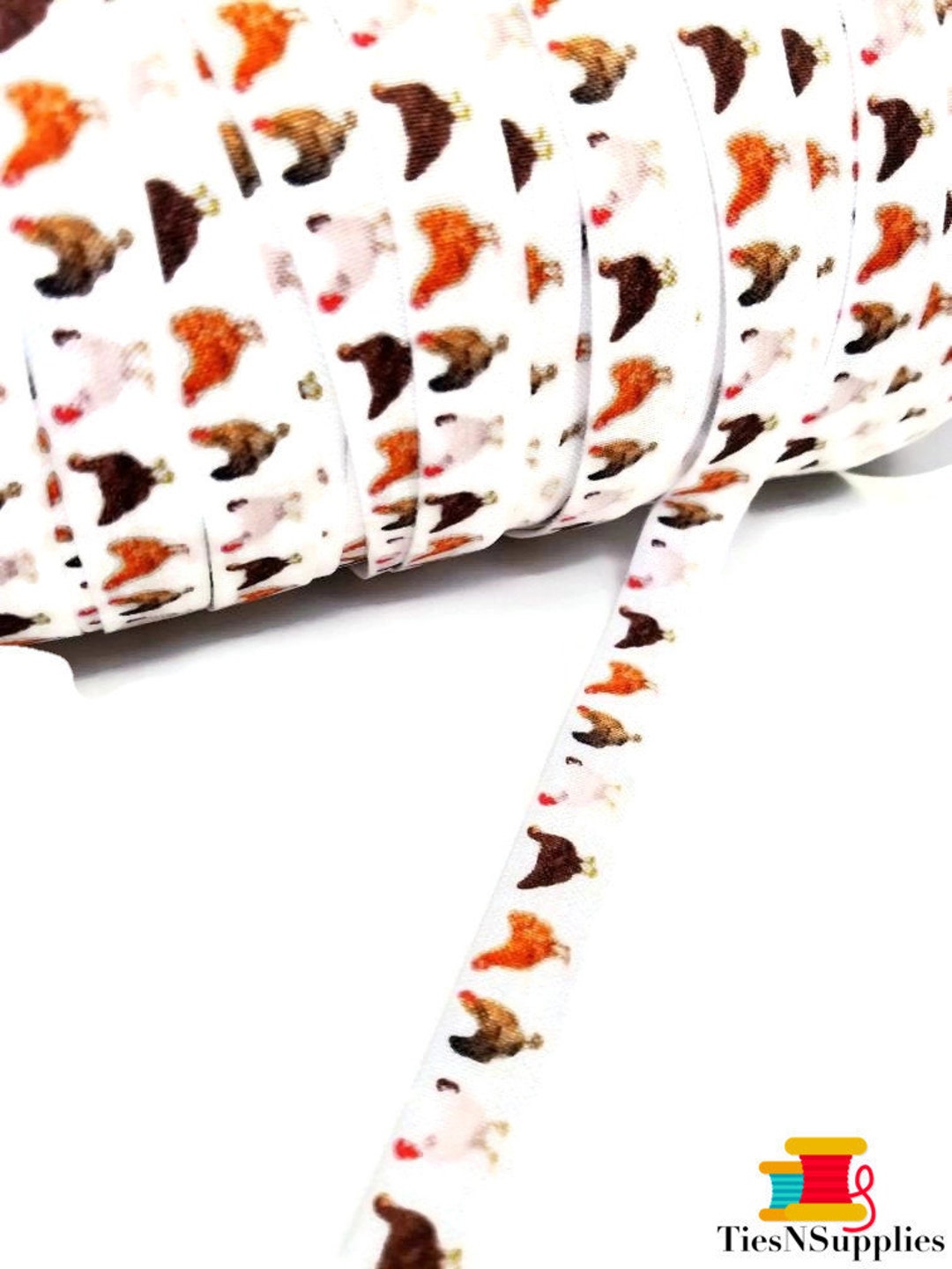 3, 5, or 9 Yard- Elastic Ribbon - Chicken Themed Background - Fold Over ...