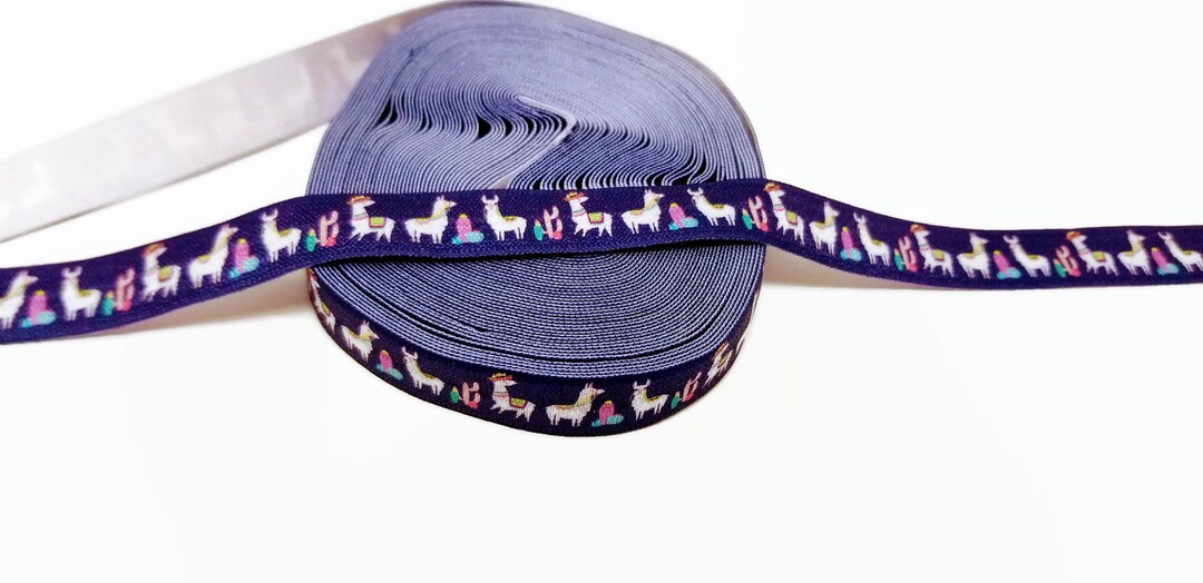 3+ Yards Llama With Navy Blue Background - Fold Over Elastic - Stretchy ...