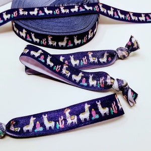 3+ Yards Llama With Navy Blue Background - Fold Over Elastic - Stretchy ...