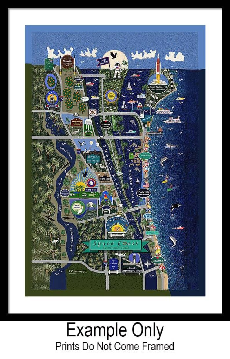 PRINT Space Coast Florida Map Art | Illustrated Brevard County Beach ...