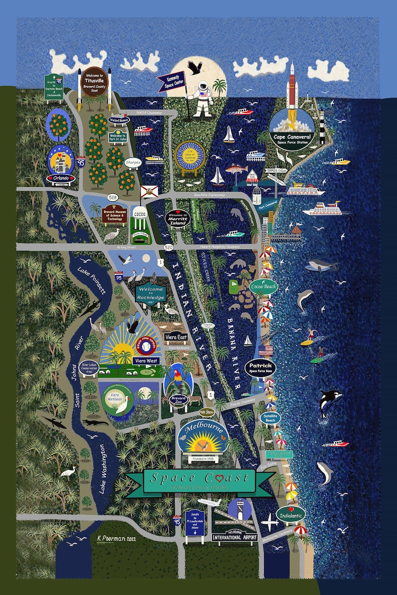 PRINT Space Coast Florida Map Art | Illustrated Brevard County Beach ...
