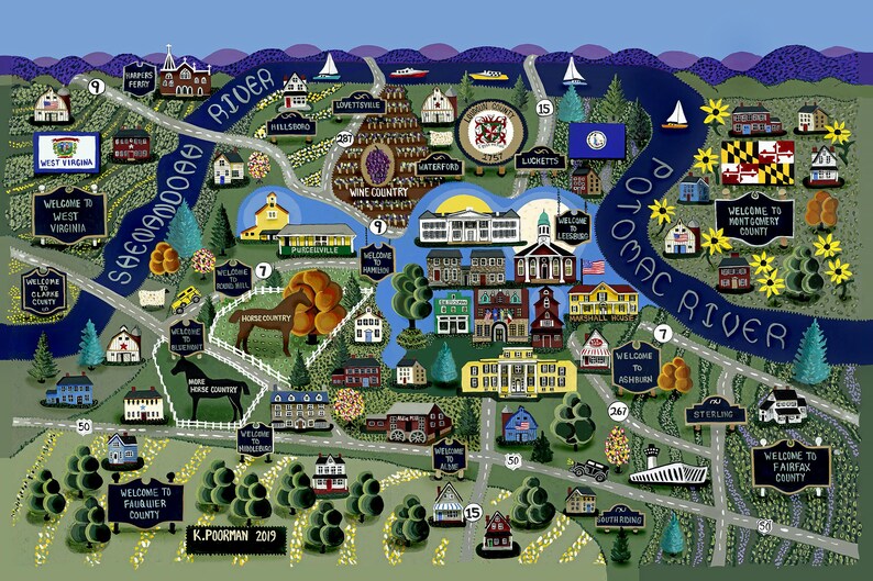 PRINT – Loudoun County VA Folk Map, Illustrated Virginia Maps, Leesburg ...